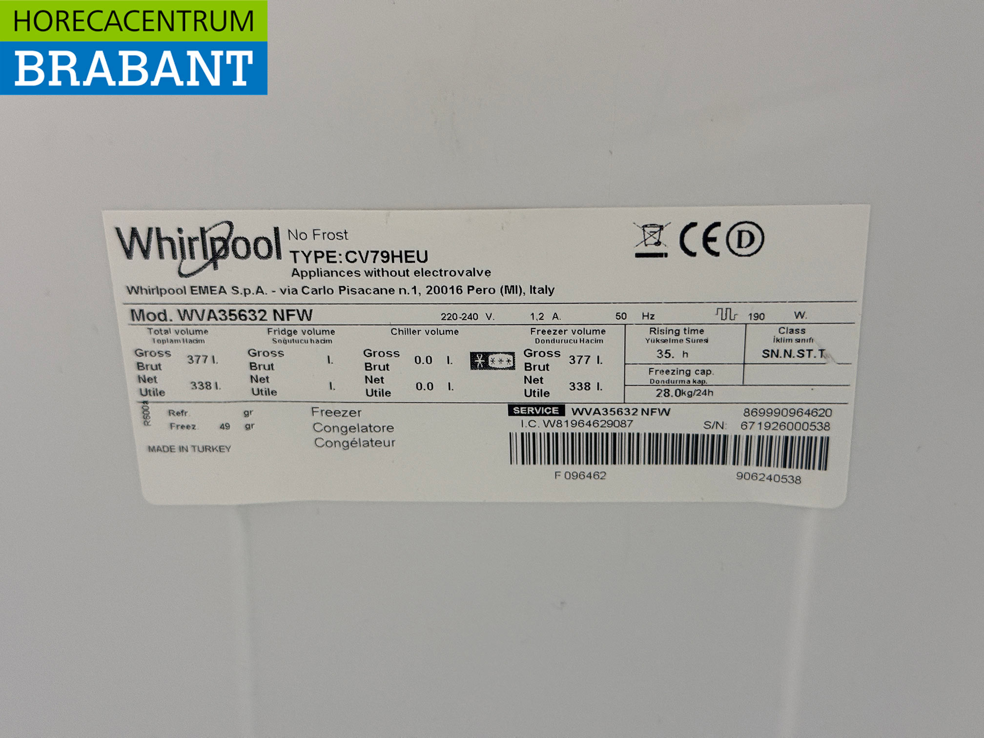 Whirlpool Vriezer Vrieskast 377 liter 230V Horeca - Horecacentrum Brabant